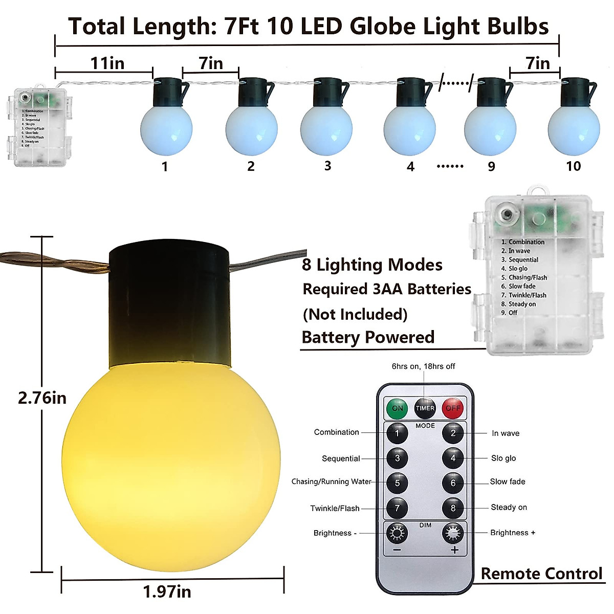 Globe String Lights Battery Powered 7Ft 10 LED Edison Shatterproof G50 Light String with Remote Timer, Indoor String Lights Outside Waterproof Hanging Lights for Garden Porch Patio Camping Party Decor