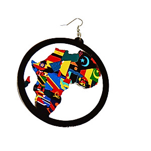 Aijian Ethnic Style Large Round Wood Eardrop African Map Wooden Dangler Earrings for Women (Color-a)