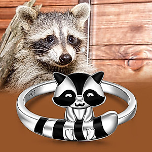 Raccoon Ring for Women Sterling Silver Love Hug Cute Promise Rings Fun Animal Wrap Thumb Finger Raccoon Jewelry Raccoons Christmas Mothers Day Gifts Size 8