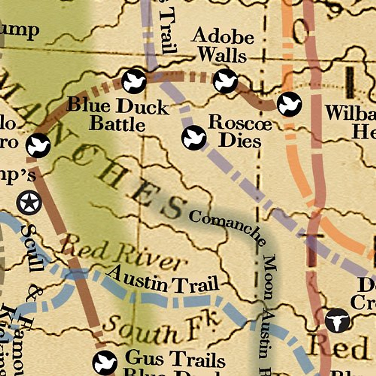 1881 Lonesome Dove/Comanche Moon Wars & Great Cattle Trails Map 2nd Ed. 26"W x 34" H