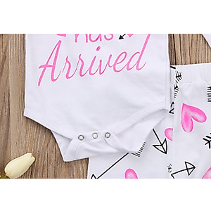 FOCUSNORM 4 pcs Baby Girls Pants Set Newborn Infant Toddler Letter Romper Arrow Heart Pants Hats Headband Clothes Pink