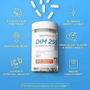 selfevolve DIM Supplement 250 mg with BioPerine, Estrogen Balance & Hormone Balance for Women & Men, Menopause Supplements for Women, Antioxidant Support, Vegan Capsules, 60 Ct, 2 Month Supply