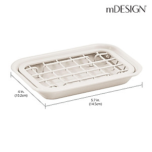mDesign Metal 2-Piece Soap Dish Tray with Drainage Grid and Holder for Kitchen Sink Countertops to Store Soap, Sponges, Scrubbers - Rust Resistant - 2 Pack - Cream/Beige