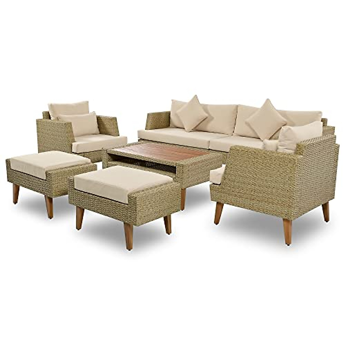 6-Piece Patio Sectional Set Outdoor Rattan Sofa Set With Double Cushions and Coffee Table, Brown Wicker Outdoor Sofa with Cushions & Wood Table Top and Wood Legs, All-Weather PE Wicker Couch Set