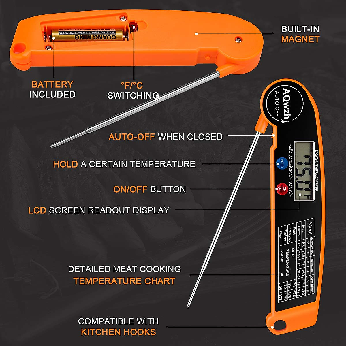 AQwzh PRO TP01 Digital Meat Thermometer for Kitchen BBQ Grill Temperature (Orange)
