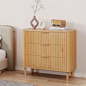 DWVO 3 Drawer Dresser, 32 inch Tall and Wider Modern Closet Dressers Chest of Drawers with Waveform Fluted Panel, Wood Storage Dresser Organizer for Dorms, Flats, Living Rooms, Hallways, Natural Oak