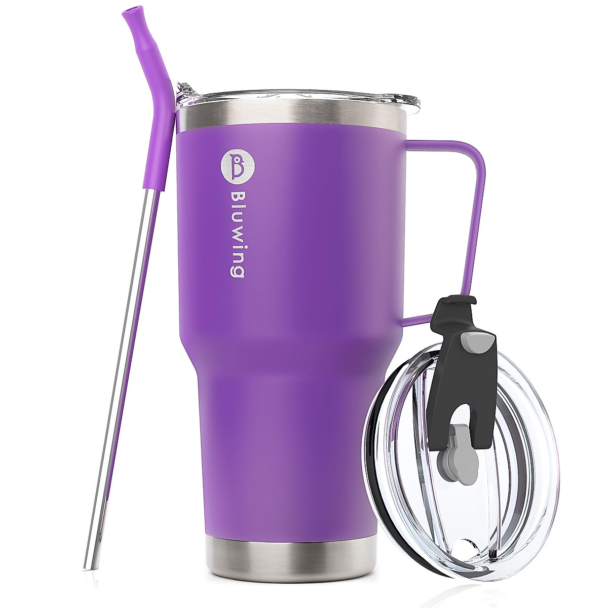 Bluwing Insulated Tumbler with Handle 30 oz Stainless Steel Travel Coffee Mug with Lid and Straw, Double Wall Tumbler Cups for Women and Men (Purple)