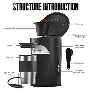 avigator Portable Coffee Maker, 12V Car Coffee Maker, Travel Coffee Machine Fits Car Cigarette Lighter Plug, Auto Shut Off, Ground Coffee Maker for Driving Camping&RV（Silver Black）