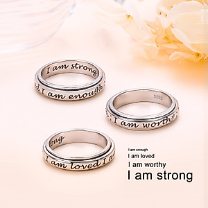 JZMSJF Men Women Spinner Ring 925 Sterling Silver Fidget Rings for Anxiety Stress Relieving ADHD Autism Rings I Am Enough Inspirational Band Ring Size 8