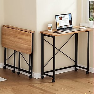 GUINJO Folding Desk with Wheels, No Assembly Required, 31.3/39.4 inch Mobile Writing Computer Desk Space Saving Foldable Table Simple Home Office Desk (Color : Wood, Size : 80 * 40 * 75cm)