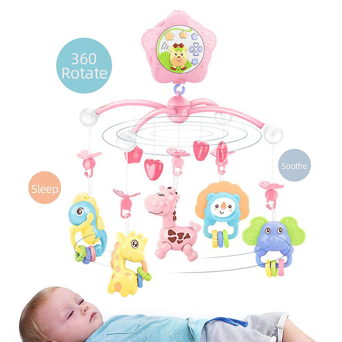 caterbee Baby Crib Mobile for Pack and Play, Crib Toys with Light and Musicial, Remote,Projector for Ages 0+ Months (Pink-Forest)