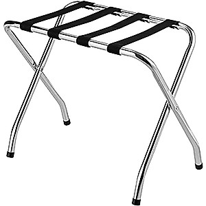 MAT EXPERT Folding Luggage Rack, No Assembly Required, 180lbs Capacity Luggage Holder w/ Nylon Straps & Non-slip Footpads, Chrome Suitcase Stand for Guest Room Home Bedroom Hotel, Silver