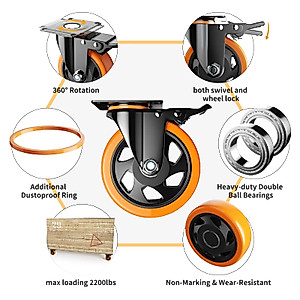 5 Inch Swivel Caster Wheels, Heavy Duty Casters Set of 4, Locking Industrial Casters with Brake, Swivel Top Plate Casters Wheels for Furniture and Workbench(Free Hardware Kits)