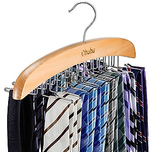 Ohuhu Tie Rack Hanger for Closet, Wooden Tie Holder Organizer Necktie Storage with 24 Folding Hooks, 360 Degree Rotating Tie Rack for Men Ties Belts Scarves Tank Tops Accessories, 1 Pack