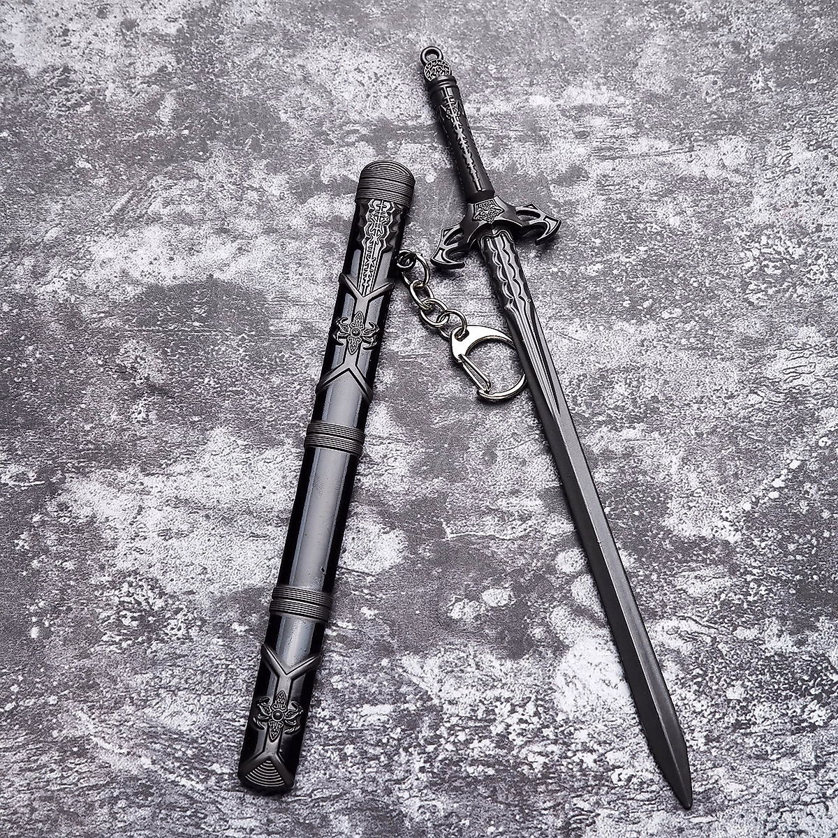 FFYGYZ Chinese Ancient JIAN Sword Keychain Key Ring Chains Chinese Style Weapon Metal Model Key Chain Sword Shaped Letter Parcel Opener Gift Action Figure Arts Free Sword Stand(Black&Gray)