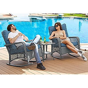 UDPATIO 3 Piece Patio Set Rocking, Rattan Outdoor Rocking Patio Bistro Set with 2 Rockers and 1 Side Table with 4‘’ Thick Cushions for Backyard, Porch, Balcony, Poolside(Blue)