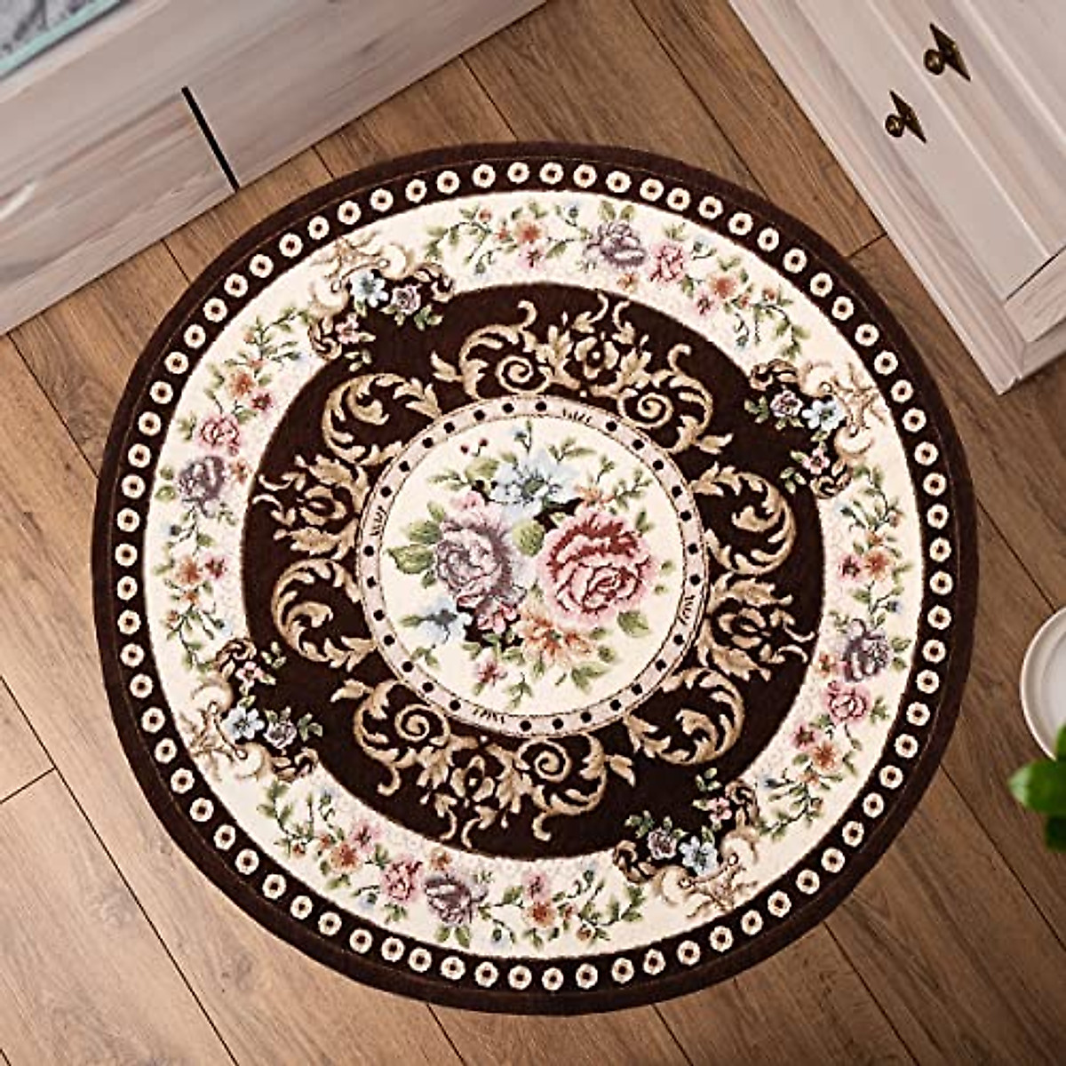 Tyrafry 4ft Floral Round Area Rug Classic Non-Slip Machine Washable Room Mat Sustainable Kitchen Rug Traditional Area Rug for Living Room, Brown