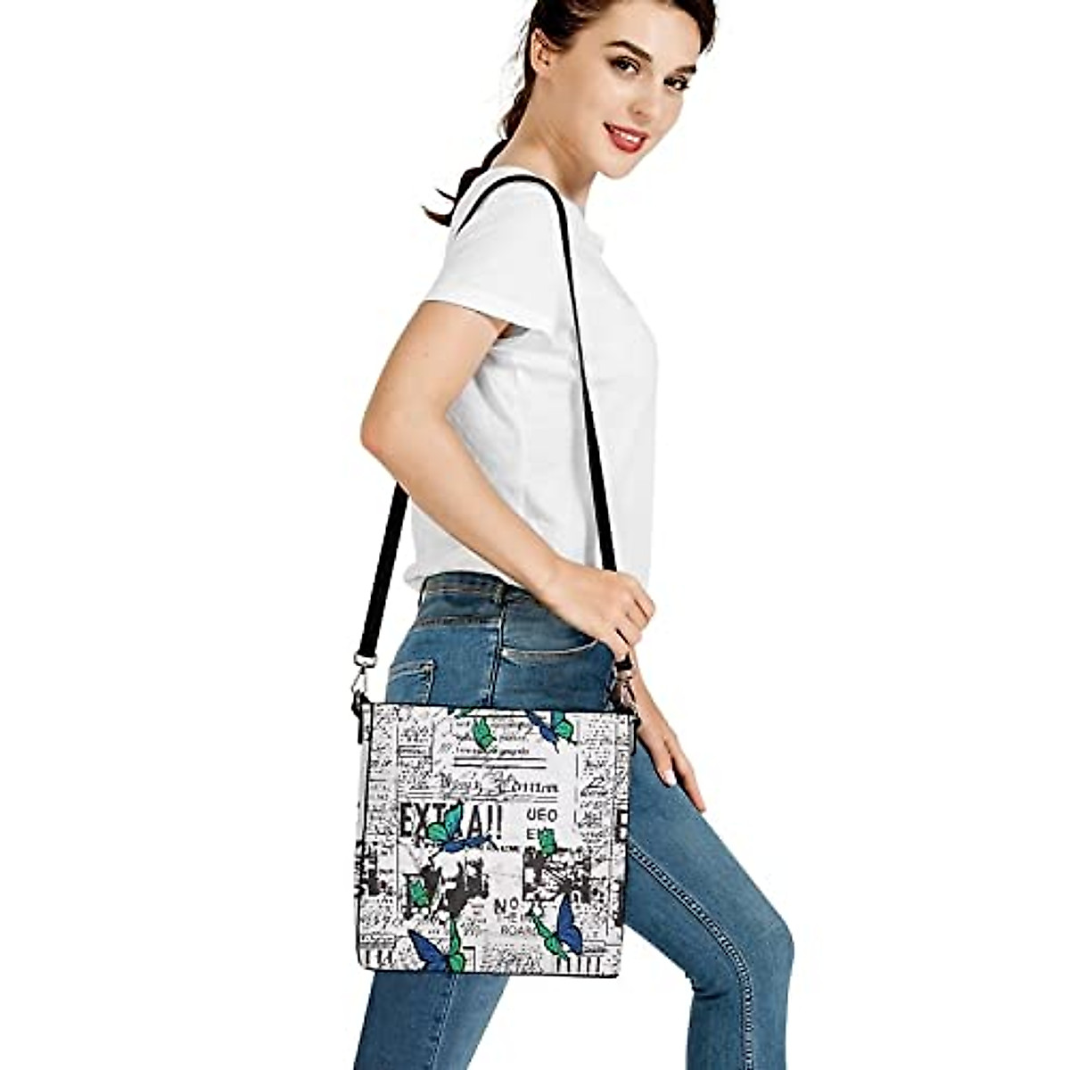 Coloranimal Womens Crossbody Handbags and Purses Vintage Poster Newspaper with Butterfly Print Bucket Top-handle Bags Large Work Satchel