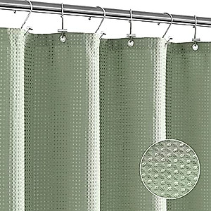 GERGELLA Sage Green Shower Curtain - Waffle Heavy Duty Fabric Shower Curtains for Bathroom, Showers, Hotel Spa Luxury Weighted Polyester Cloth Bath Curtain Set with 12 Hooks，72Wx72H,Green