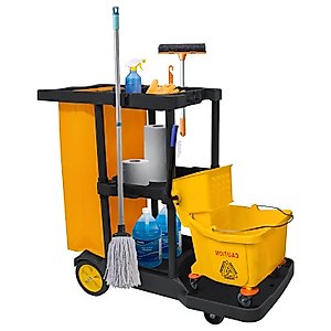 tonchean Commercial Janitorial Cart 3 Shelf Housekeeping Cleaning Cart, Large Capacity Utility Clean Trolley with Wheels and 25 Gallon Vinyl Bag 44.5”L x 22”W x 36.6”H, Black