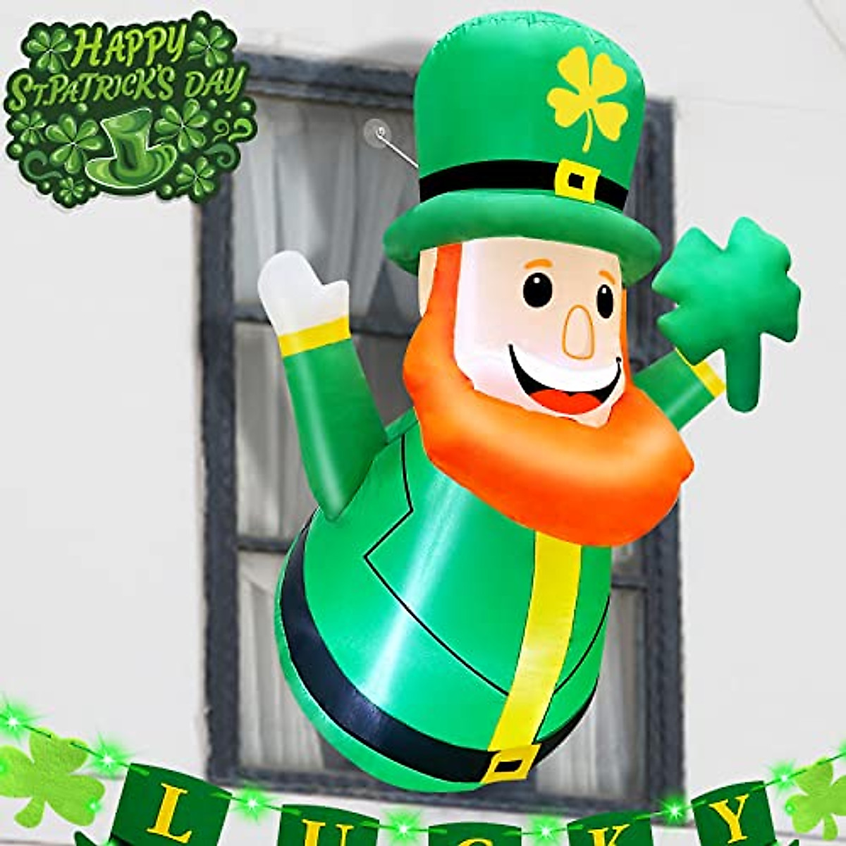 TURNMEON 3.5 Ft St. Patrick's Day Inflatable Decoration Outdoor Blow Up Leprechaun Holds Shamrocks Clover Lean Out from Window with LED Lights Irish St.Patrick's Day Decorations Yard Lawn Garden Party