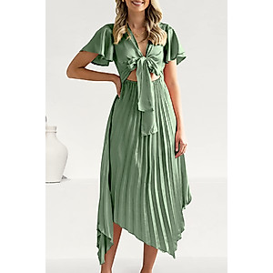 PRETTYGARDEN Women's 2023 Satin Summer Dress Short Sleeve V Neck Tie Front Cutout Pleated A Line Midi Dresses (Light Green,Medium)