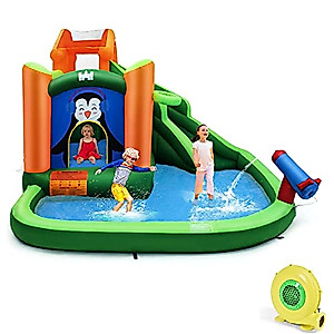 HONEY JOY Inflatable Water Slide Bounce House, 6 in 1 Outdoor Bouncy Water Park w/Splash Pool, Slide & Cannon, Climbing Wall, Penguin Blow Up Water Slides for Kids Backyard(with 735w Blower)