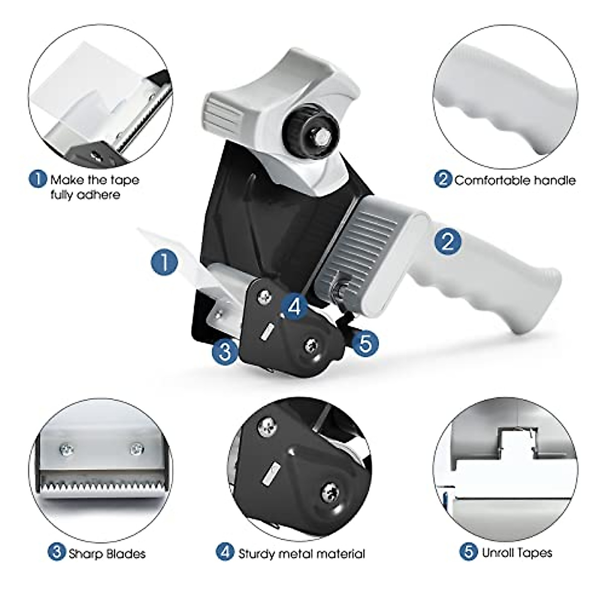 Packing Tape Dispenser Gun, Pacific Mailer 2 Inch Tape Gun Dispenser with 2 Inch Carton Packing Tape, Lightweight Industrial Side Loading Tape Dispenser - Black