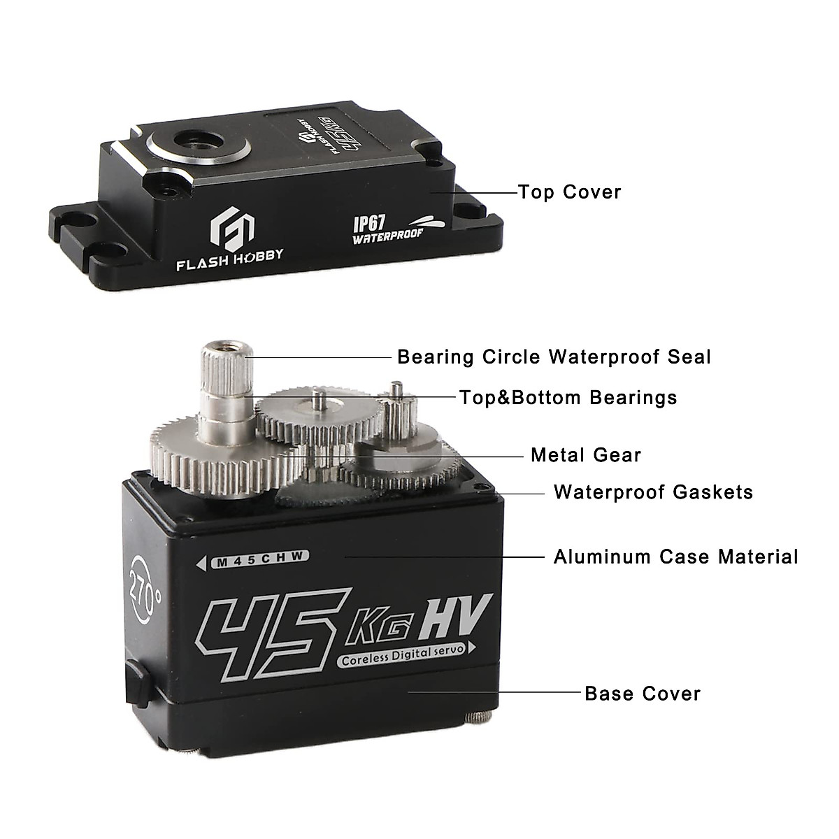 FLASH HOBBY 45KG Coreless Servo 8.4V High Torque Full Metal Gear Servo, IP67 Waterproof Steering RC Servo with Control Angle 270° for 1/10 Scale RC Cars, RC Crawler, Trucks & Robot Parts (45KG)