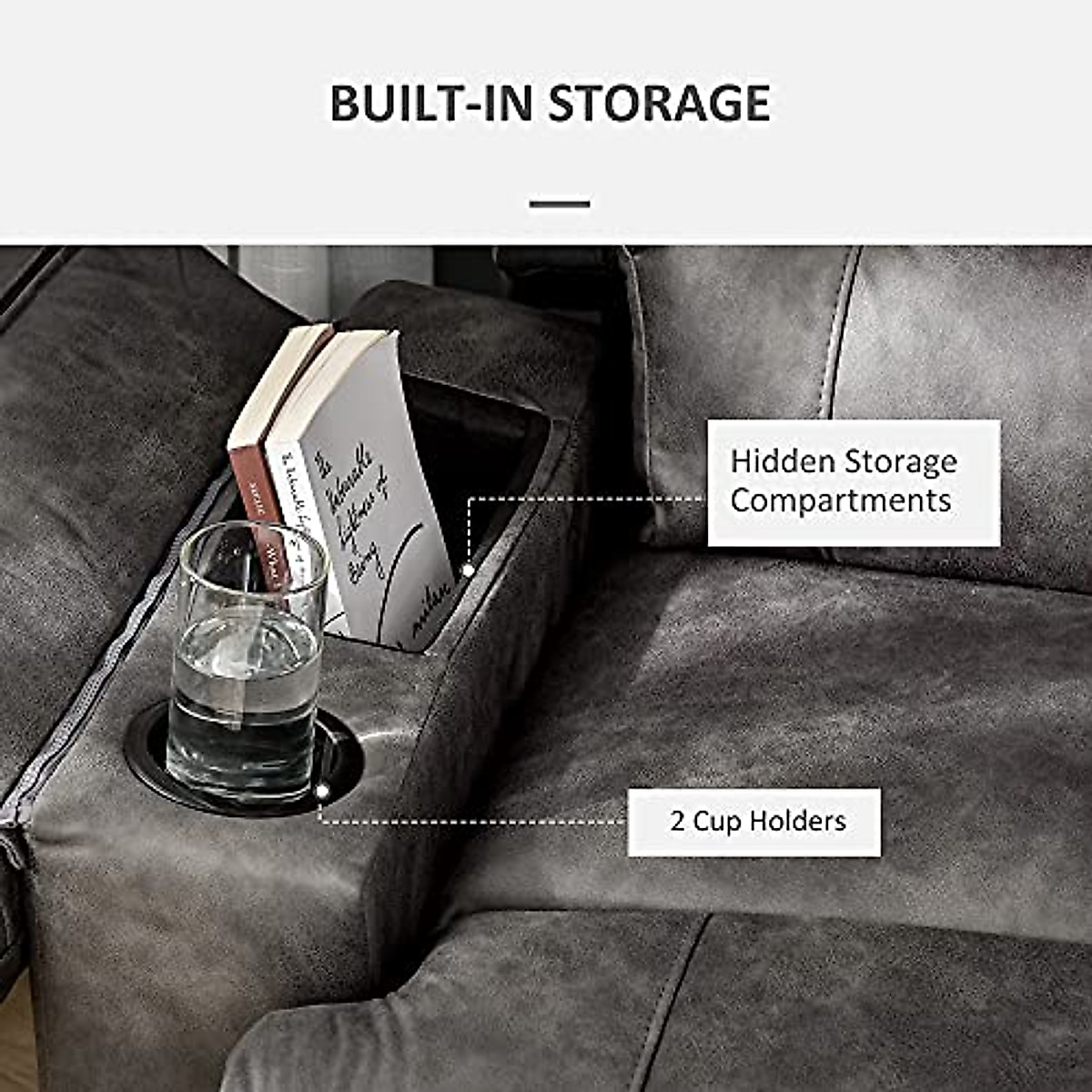 HOMCOM Manual Recliner Chair Overstuffed Single Sofa with Wide Cushioned Seat, Flip-Up Storage Armrests, 2 Cup Holders and Oversized Headrest, Grey