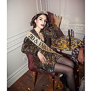 "30 and Fabulous" Sash & Rhinestone Tiara Set - 30th Birthday Gifts Birthday Sash for Women Birthday Party Supplies (Gold Glitter with Black Lettering)