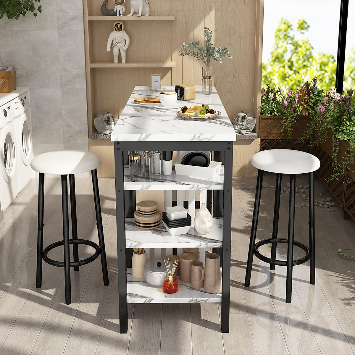 AWQM Home Bar Table Set of 2, 47" White Faux Marble Dining Set with Storage Shelves and Upholstered Leather Bar Height Stools, 3-Piece Kitchen Table for 2 People, Space Saving Table (White & Black)
