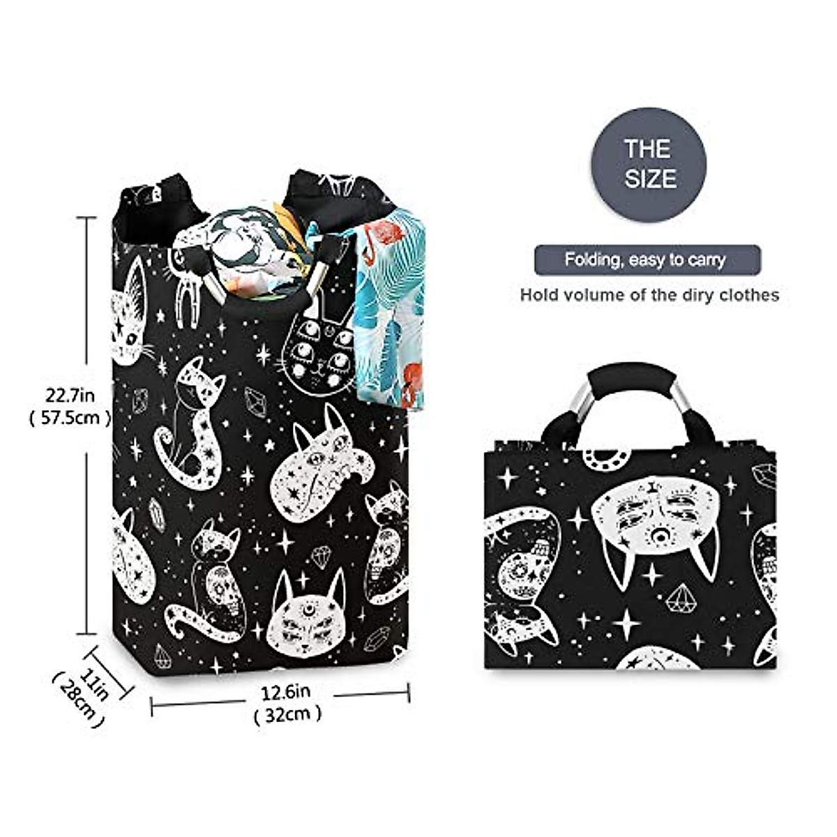 Oyihfvs Witch's Cat Seamless Laundry Hamper Basket Bucket, Foldable Dirty Clothes Bag, Waterproof Fabric Washing Bin, Toy Storage with Handles for Bathroom Bedroom Dorms