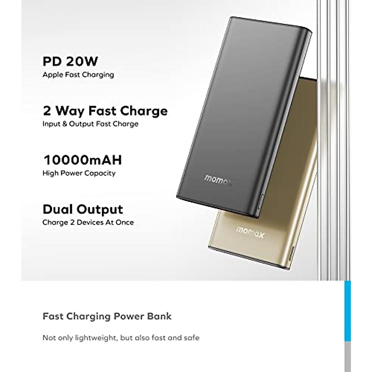 MOMAX Portable Charger, 10000mAh 20W PD Aluminum Ultra Slim Power Bank 3A High-Speed Thin Phone Charger with 2 Input & 2 Output Compatible with iPhone, Samsung Galaxy, MacBook, Pixel & More (Grey)
