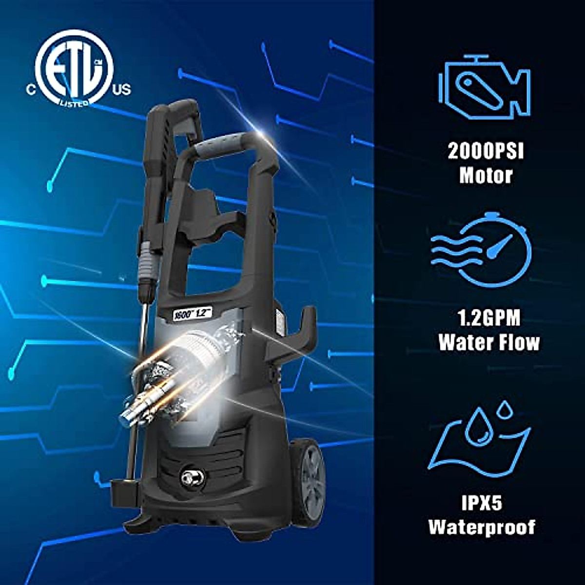 Electric Pressure Washer - 1700W High Pressure Power Wash Machine with Detergent Tank and Adjustable Nozzles for Home Use Cars/Garden/Patios/Driveways Cleaning (2000PSI)，CETL Listed