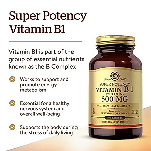 Solgar Vitamin B1 (Thiamin) 500 mg, 100 Tablets - Energy Metabolism, Healthy Nervous System, Overall Well-Being - Super Potency - Non-GMO, Vegan, Gluten/Dairy Free - 100 Servings