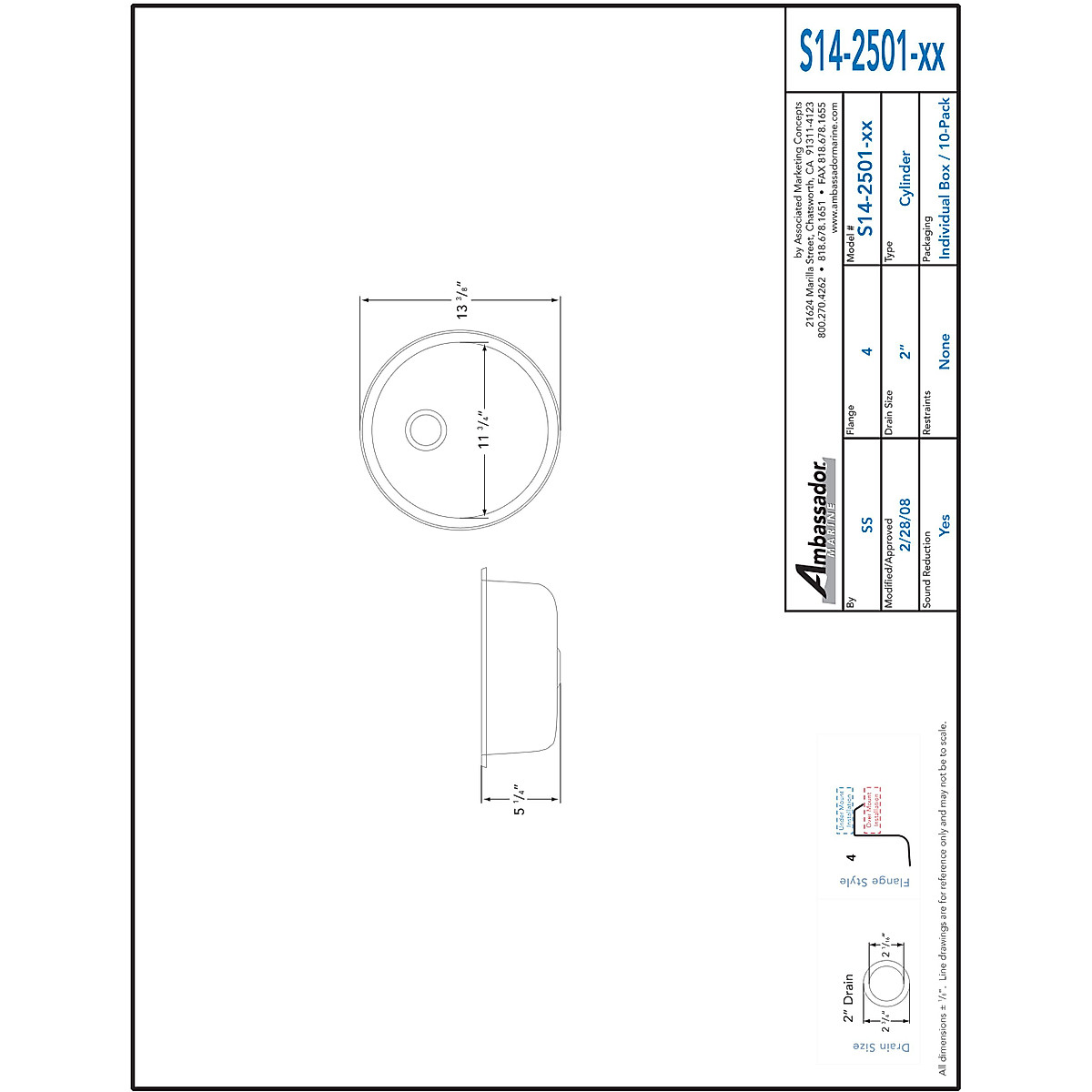 Ambassador Marine Cylinder Stainless Steel Ultra Mirror Polished Finish Sink, 13 3/8-Inch Wide x 5 1/4-Inch Deep