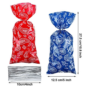 Sumind 100 Pieces Plastic Candy Bags Red Blue Western Party Treat Bags, Bandana Cellophane Goodie Favor Bags with 100 Silver Twist Ties for Kids Western Cowboy Birthday Party Supplies