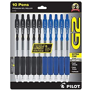 PILOT G2 Pens 0.5 mm - 10 Pack (5 Black and 5 Blue Pens) Premium Gel Ink Pens Extra Fine Point 0.5 mm Refillable & Retractable Rolling Ball,