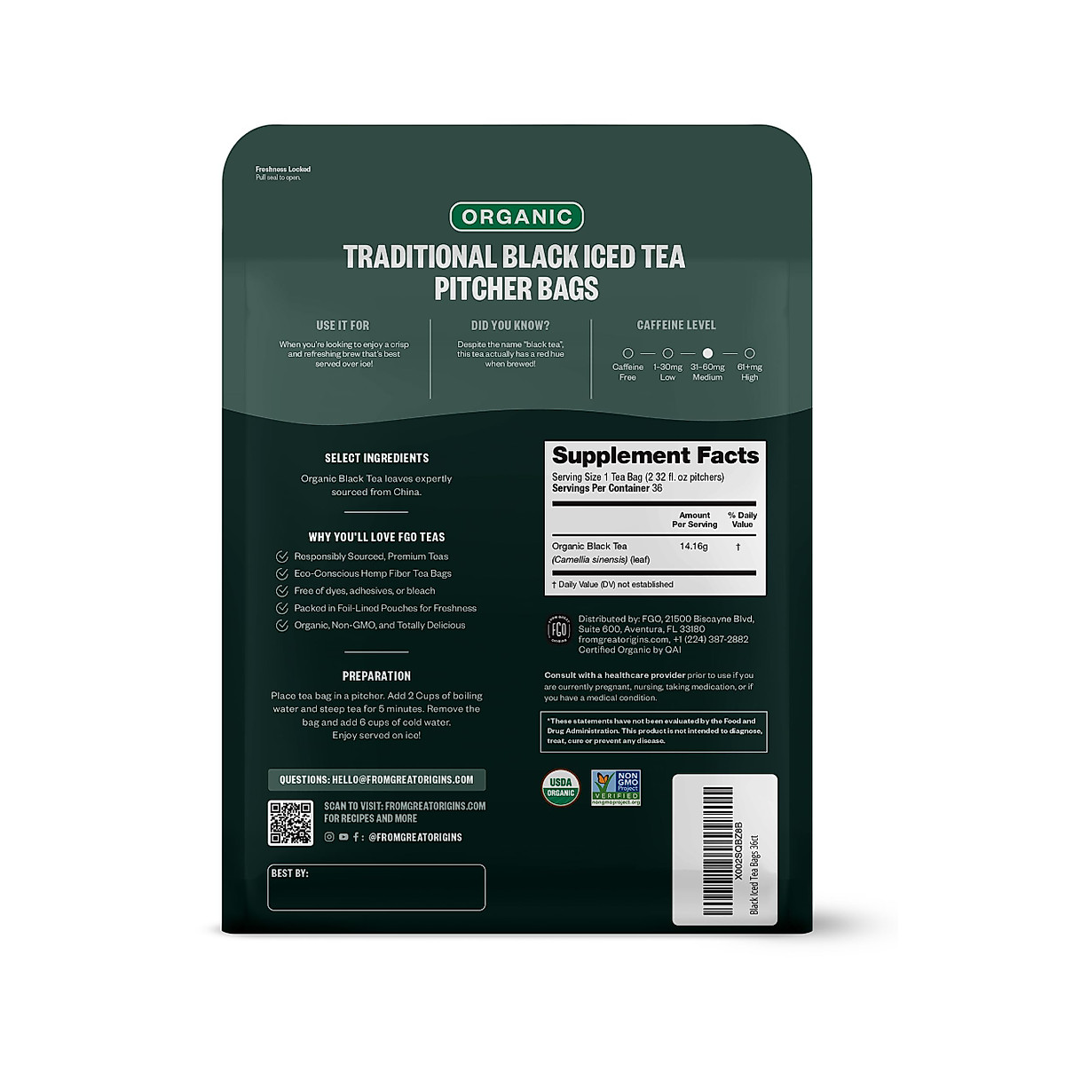 FGO Organic Black Iced Tea, Eco-Conscious Tea Bags, 36 Pitcher Bags, Packaging May Vary (Pack of 1)