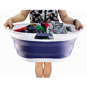 SAMMART Set of 2 Collapsible 3 Handled Plastic Laundry Basket-Oval Tub/Basket-Foldable Storage Container/Organizer-Portable Washing Tub-Space Saving Laundry Hamper (44L Oval-White/Navy Blue)