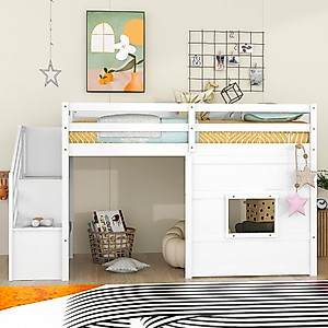 Bellemave Twin Size Low Loft Bed for Kids,Twin Loft Bed with Storage Staircase and Window,Wooden Bed Frame for Teens, Boys, Girls(White)