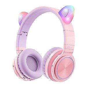 Picun Bluetooth Kids Headphones with Microphone, Cat Ear Wireless & Wired 85dB Volume Limited Multi-Function Girl Headphones, Built-in Flashing LED, Foldable for School Study Home Travel- Purple Pink