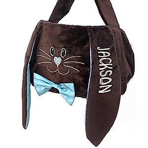 Personalized Easter Basket (Blue Chocolate) Plush Easter Basket Tote Bunny Bucket Embroidered with Kids Name