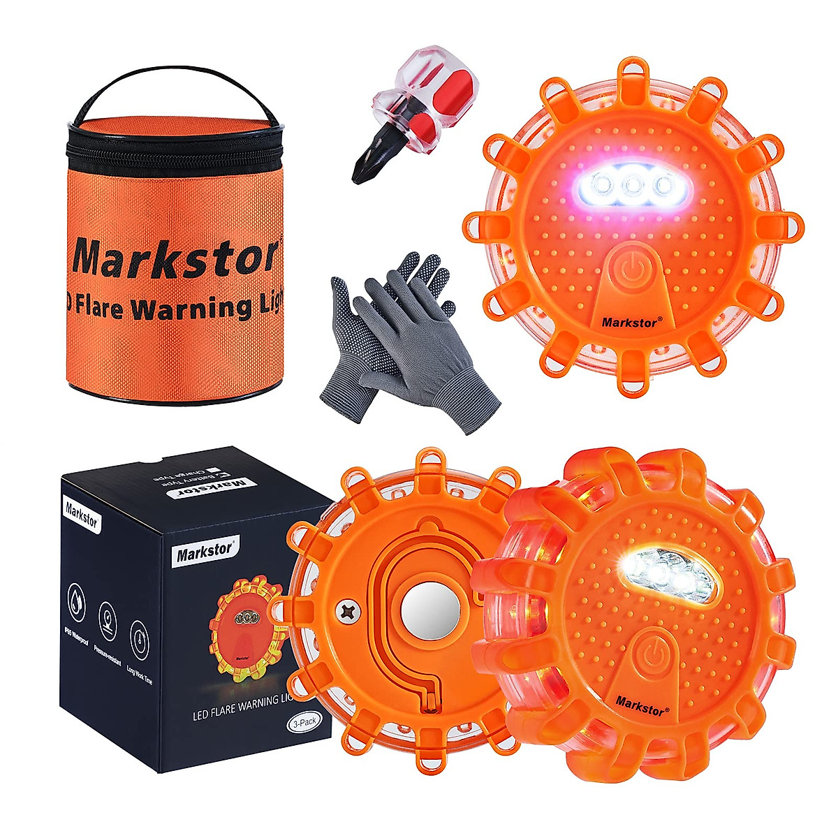 Markstor 3 Pack of LED Emergency Car Kit Flashing Warning Lights Roadside Security For Vehicle Truck Boats With Hook, Amber Safety Flares Warning Lights Disc Magnet (Battery Not Included)