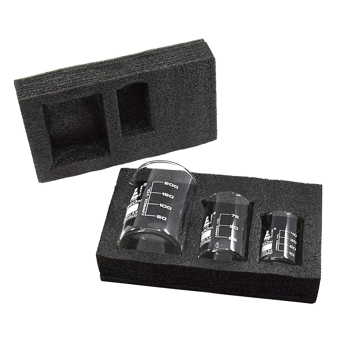 EISCO Premium 3pc Glass Beakers Set, 50mL, 100mL, 250mL - Low Form Lab Beakers - Borosilicate 3.3 Glass - Packaged in Thick, Custom-Fit Foam Insert