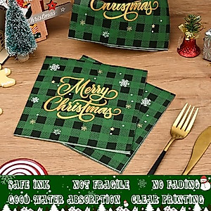 Homlouue 200 PCS Christmas Paper Plates and Napkins, Merry Christmas Disposable Dinnerware Set, Green and Black Plaid Paper Plates Christmas Party Supplies, Cute Cartoon Santa Snowman Plates Serves 50