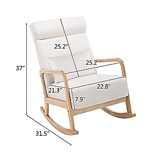 VINGLI Rocking Chair Nursery, 25.2" High Backrest Mid-Century Rocking Chair with Wooden Armrest Upholstered Glider Rocker with Free Lumbar Pillow for Living Room (Beige)