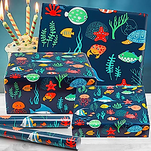 Ocean Birthday Wrapping Paper for Kids Girls Boys, 6 Sheets Under the Water Animal Coastal Design Gift Wrap Paper, 20 x 28 inch Per Sheet Folded Flat Birthday Paper for Kids Girls Boys Baby Shower