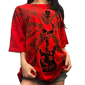 Women Y2K Halloween Short Sleeve T Shirt Vintage Crew Neck Punk Gothic Skull Graphic Harajuku Tee Outing (Red, L)